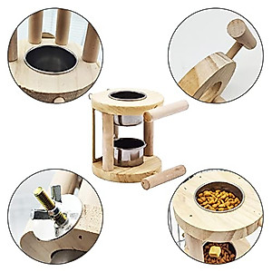 kathson Bird Feeding Cups with Wooden Platform, Bird Bowls Hanging Stainless Steel Parrot Cage Feeder & Water Bowl Parakeet Feeder Bird Perches Stand Cage Accessories for Parakeet Budgies