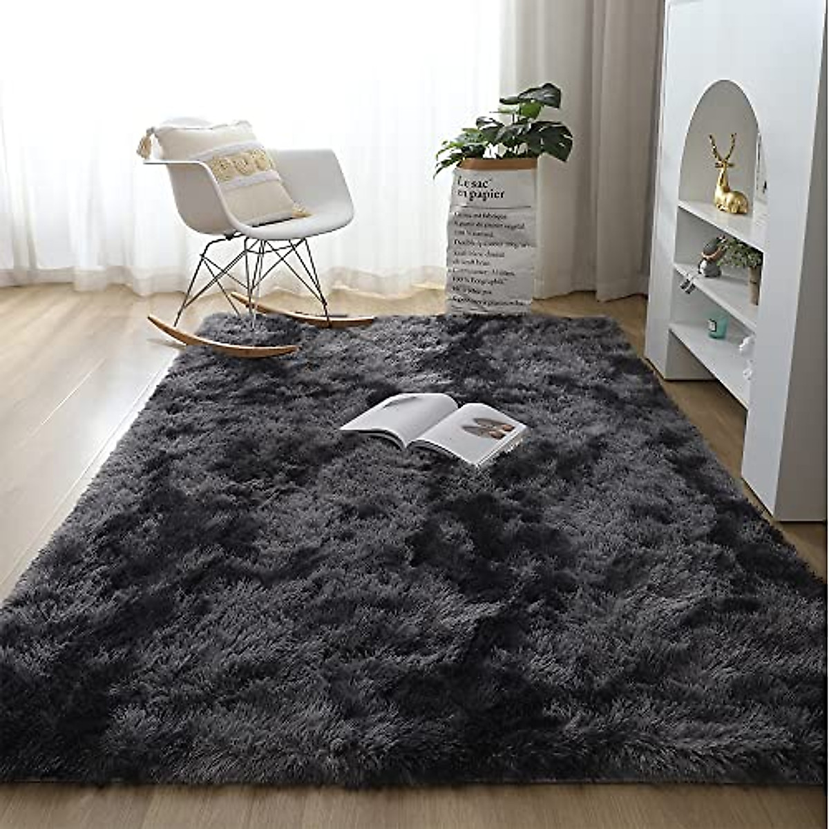 NK DECORATION Fluffy Rugs Clearance Living Room Rugs Bedroom Rugs,Non-Slip Area Rug Shaggy Tie-dye Rugs for Living Room Modern Indoor Home Floor Black Grey 5x8ft(150x240CM)