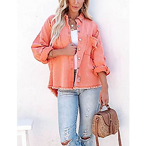 Lumister Womens Causal Oversized Button Distressed Jean Jacket Ripped Fringe Long Sleeve Denim Jacket With Pockets(0222-Orange-S)