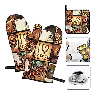 EKOBLA Grind Coffee Oven Mitts and Pot Holders Sets 3 Heat-Resistant for Chicken Gloves Polyester