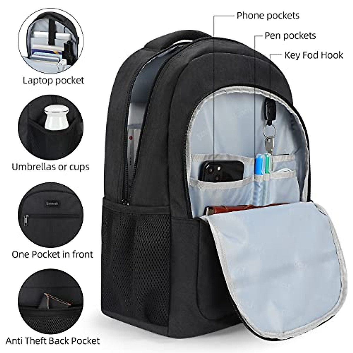 Lvsocrk Anti Theft Backpack, Laptop Backpack for Men Women, 50L Large Travel Backpack with USB Charging Port, College School Backpack for 17 Inch Laptop (Black)