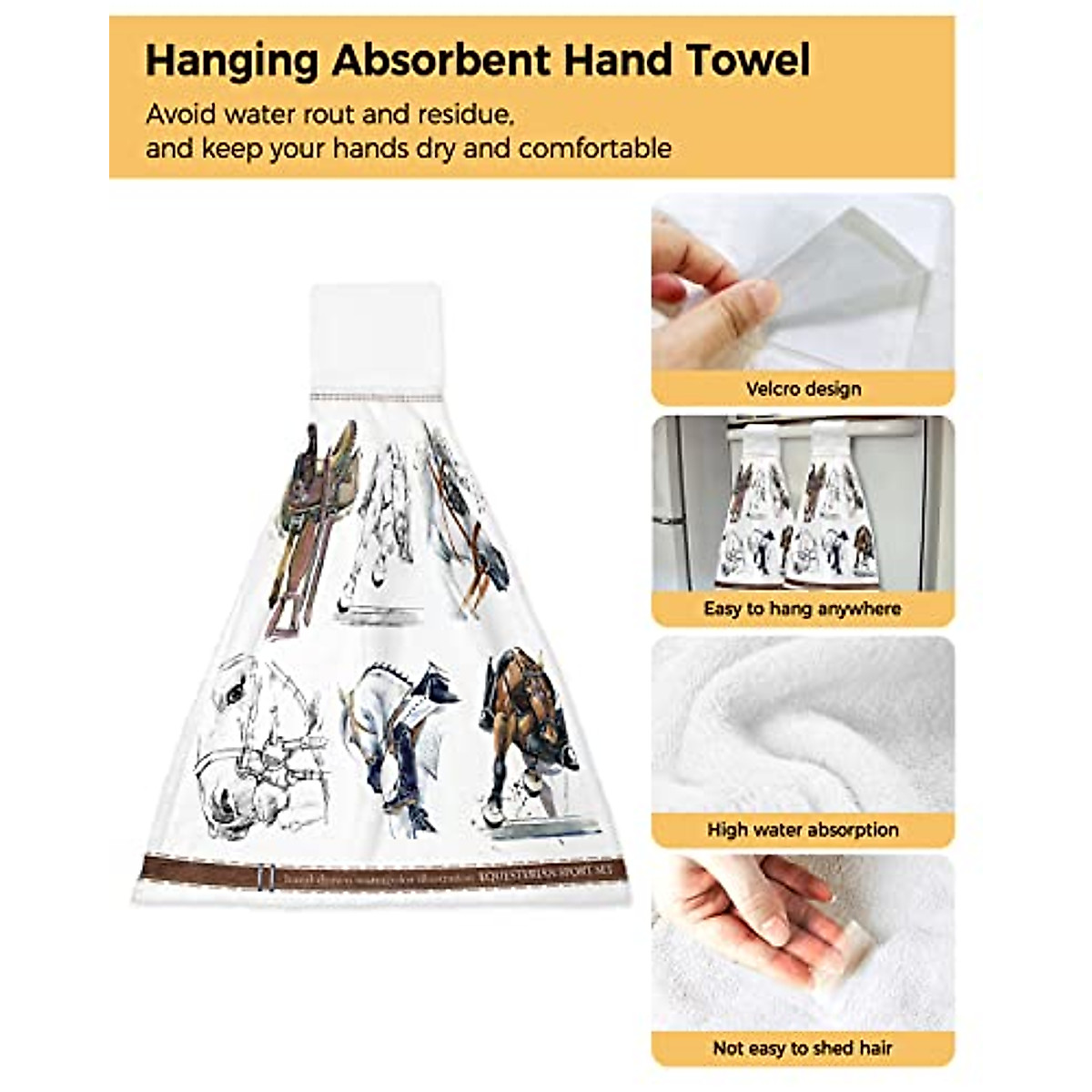 CyCoShower Hanging Hand Towels Kitchen Towel Watercolor Brown and White Horse Equestrian Competition Bathroom Hand Towels with Loop Tie Towels Soft,Absorbent Tea Bar Towels,2pcs