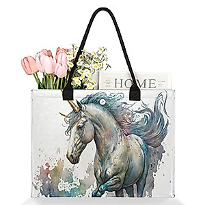 cfpolar Unicorn Reusable Grocery Shopping Bag with Hard Bottom, RRQRQR Large Foldable Multipurpose Heavy Duty Tote with Zipper Pockets, Sustainable, Durable and Eco Friendly, Beach Bag