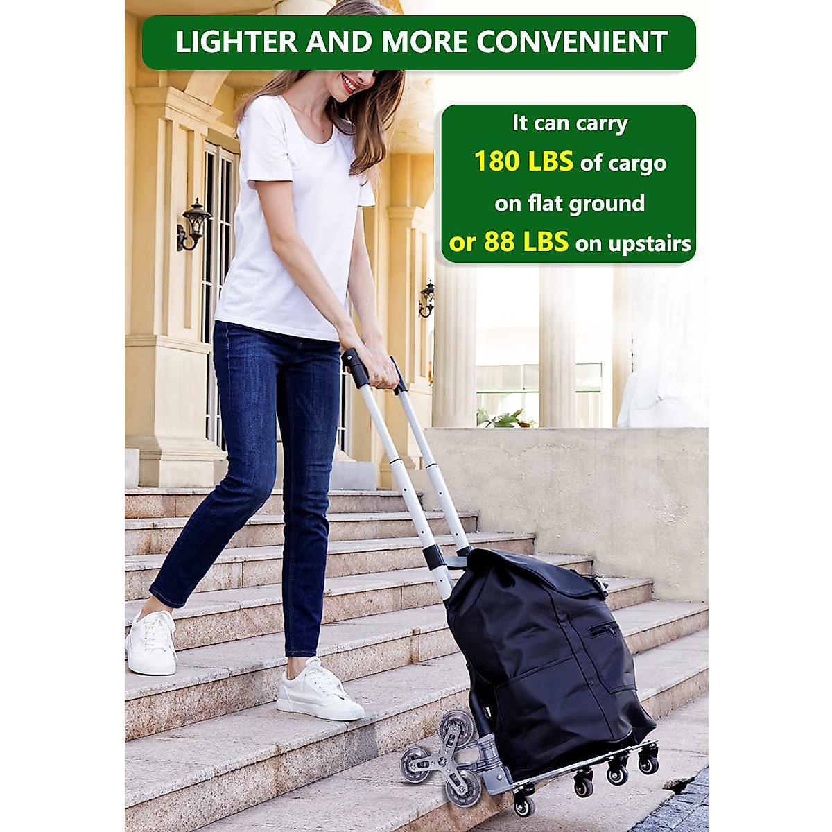 BRLJUNEO Stair Climbing Hand Trucks Dolly Cart, Foldable Shopping Cart with Wheels, Grocery Cart w/Telescoping Handle, 180 Lbs Load Capacity