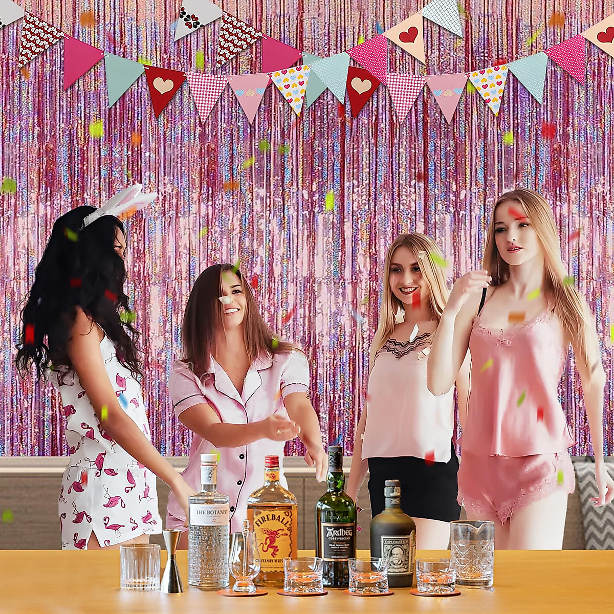 Nipeito-2 Packs Rose Gold Metallic Tinsel Foil Fringe Curtains-Glitter Foil Fringe Streamer Backdrop Curtain Door Streamers for Birthday Party Decorations,Engagement Party,Anniversary,Bridal Shower