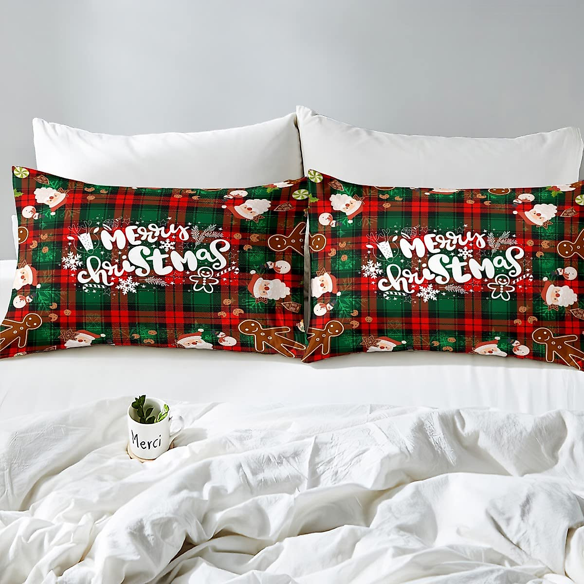 Christmas Duvet Cover Queen,Cartoon Santa Claus Snowman Bedding Set for Adult,Red Green Grid Checkered Comforter Cover,Snowman Snowflake Bells Quilt Cover with 2 Pillow Shams Bedroom Decor