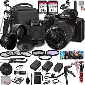 Sony a7 II Mirrorless Digital Camera 24MP w/ 28-70mmmm Lens, 128GB Memory,.43 Wide & 2X Lenses, Case. Tripod, Filters, Hood, Grip,Spare Battery & Charger, Software Kit -Deluxe Bundle