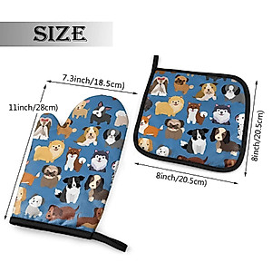 Perinsto Cute Dogs Oven Mitts & Pot Holders Kitchen Set Heat Resistant Decorative Cooking Gloves Microwave Oven Gloves for Baking Grilling BBQ