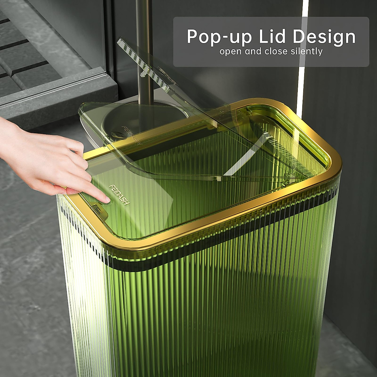 2 Pack Bathroom Trash Can with Lid, 2.6 Gallon Small Garbage Can with Pop-Up Lid Stylish Clear Waste Basket, Plastic Slim Trash Bin Dog Proof, Green Bedroom Trash Can, Small Bathroom Trash Can