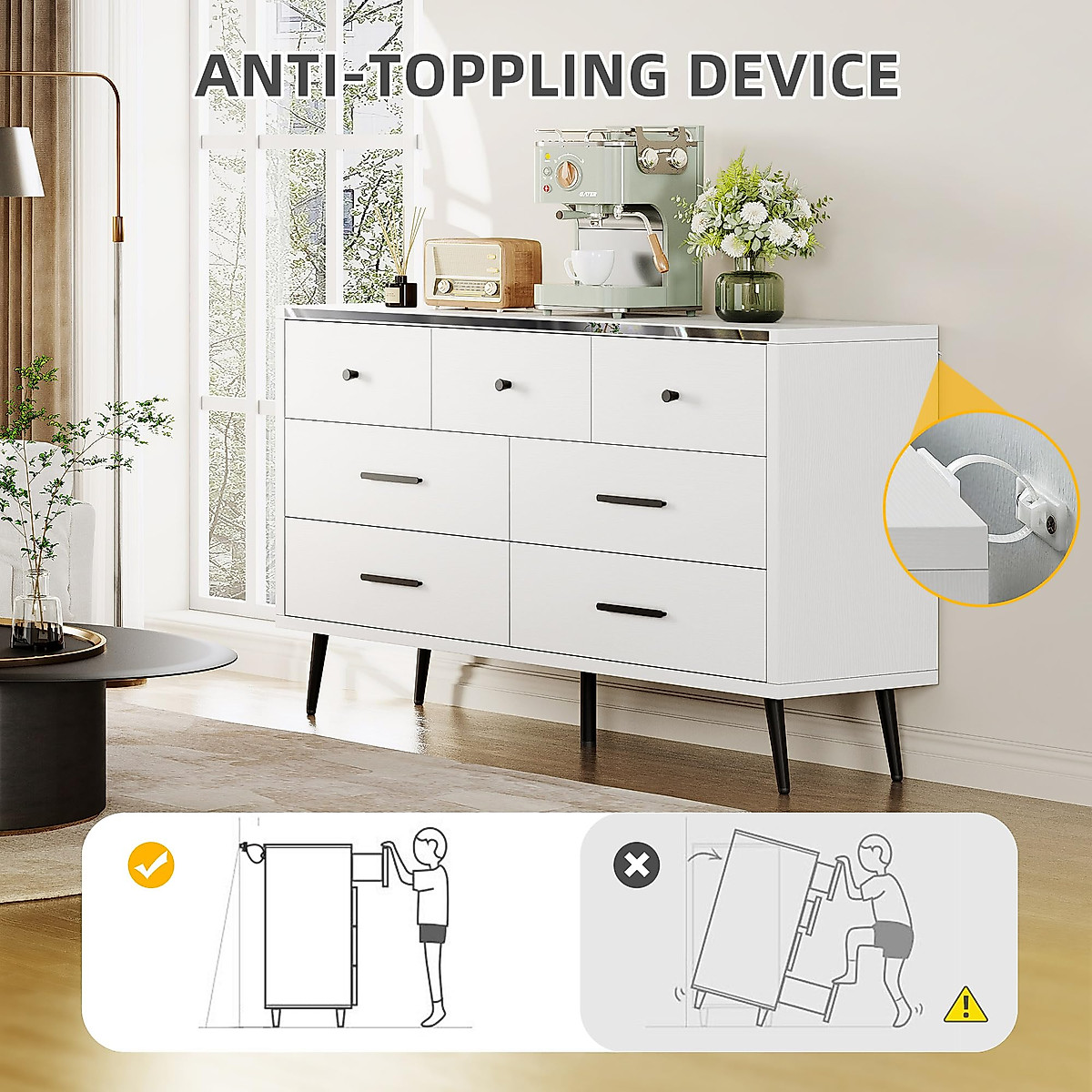 DWVO White 7 Drawer Dresser, Wood Storage Dressers & Chests of Drawers with Black Metal Handle ＆ Anti-Tipping Device, Modern Double Dresser Storage Cabinet Living Room Hallway, Entryway