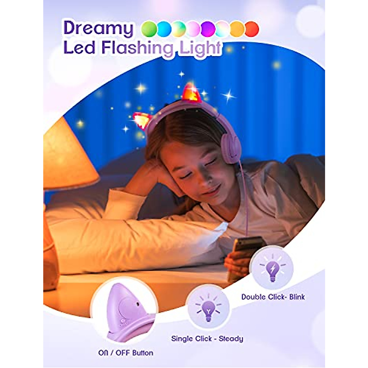 PINGKO Kids Headphones: Toddler Headphones with Microphone - Cat Ear Headphones for Girls Boys, LED Light 3.5mm Jack, 85db Volume, Music Sharing Stereo Earphones for iPad | School | Travel (Purple)