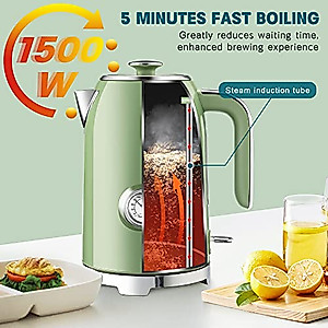SUSTEAS Electric Kettle - 57oz Hot Tea Kettle Water Boiler with Thermometer, 1500W Fast Heating Stainless Steel Tea Pot, Cordless with LED Indicator, Auto Shut-Off & Boil Dry Protection, Retro Green