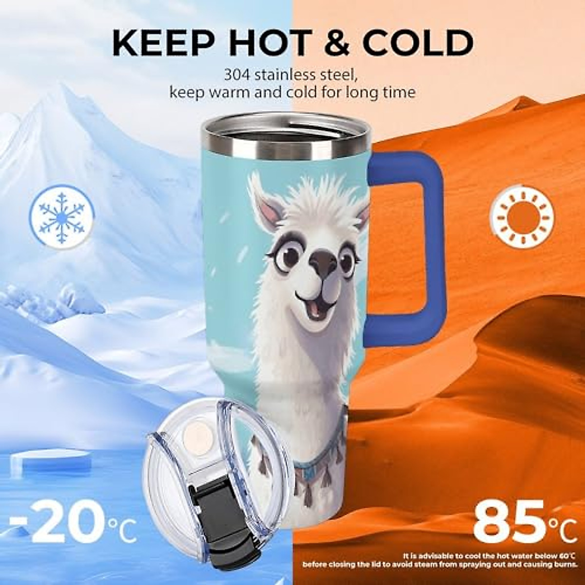 LLUTSNTH 40 Oz Vacuum Tumbler with Deep Blue Handle Leakproof Insulated Tumbler Llama Stainless Steel Travel Mug with Lid And Straw Coffee Cup Cute Water Bottles Cup Holder Friendly