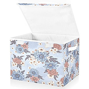Kigai Storage Basket Floral Pattern Storage Boxes with Lids and Handle, Large Storage Cube Bin Collapsible for Shelves Closet Bedroom Living Room, 16.5x12.6x11.8 In