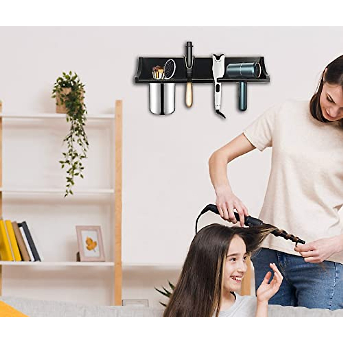 Hair Dryer Holder Wall Mounted Blow Holder Bathroom Hair Tool Organizer, Hair Styling Care Tool Organizer, Rustic Wood Beauty Appliance for Flat Iron, Curling Wand, Hair Straighteners, Brushes（Black）