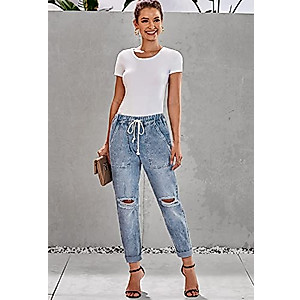 Metietila Women’s Casual Pull-on Distressed Stretch Jeans Elastic Waist Jean Light Indigo Denim Joggers Pants for Women XX-Large