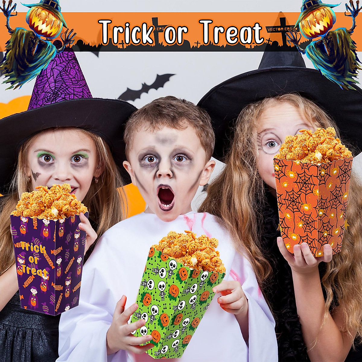 Roshtia 24 Pcs Halloween Theme Party Popcorn Favor Boxes in 6 Designs Trick or Treating Snack Treat Box Candy Cookie Container Event Party Favor Supplies, Halloween Snacks (Figure)