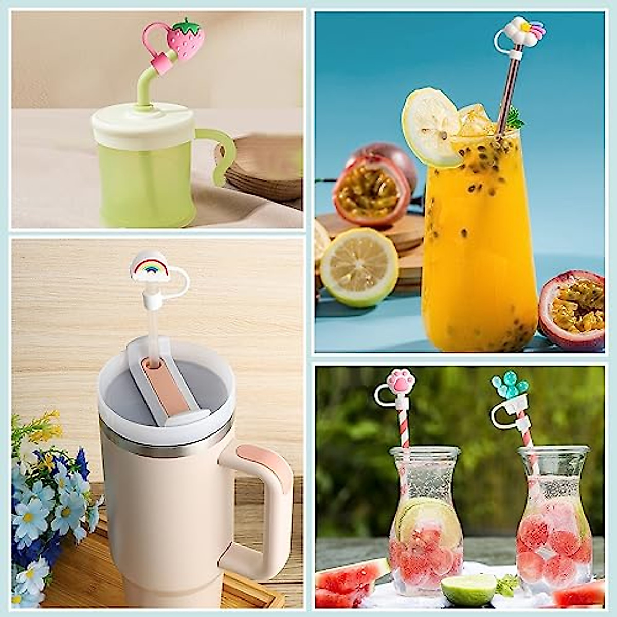 8 PCS Straw Covers Cap, Straw Cover for Stanley 30&40 Oz Tumbler, Reusable Silicone Straw Toppers Cute Straw Tip Covers in Various Shapes, Drinking Straw Caps for 10 Mm Straw. (Mixed Style)