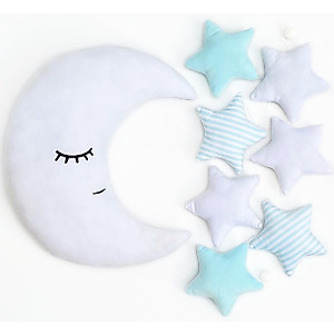 Perfectto Design Kid’s Moon Decorative Pillow, Stars Garland for Girls Toddler Room - Fluffy Moon, Stars Wall Decor, Soft Cute Throw Pillow for Bed, Bedroom Boho Teepee Ornament Decoration