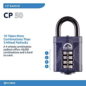 Squire Heavy Duty Padlock (CP50) - Toughest Steel Shackle - 4 Wheel Combination Padlock - Alloy Steel for Corrosion Resistance - Weatherproof Lock for Home, School & Garage (Blue, 50 mm)