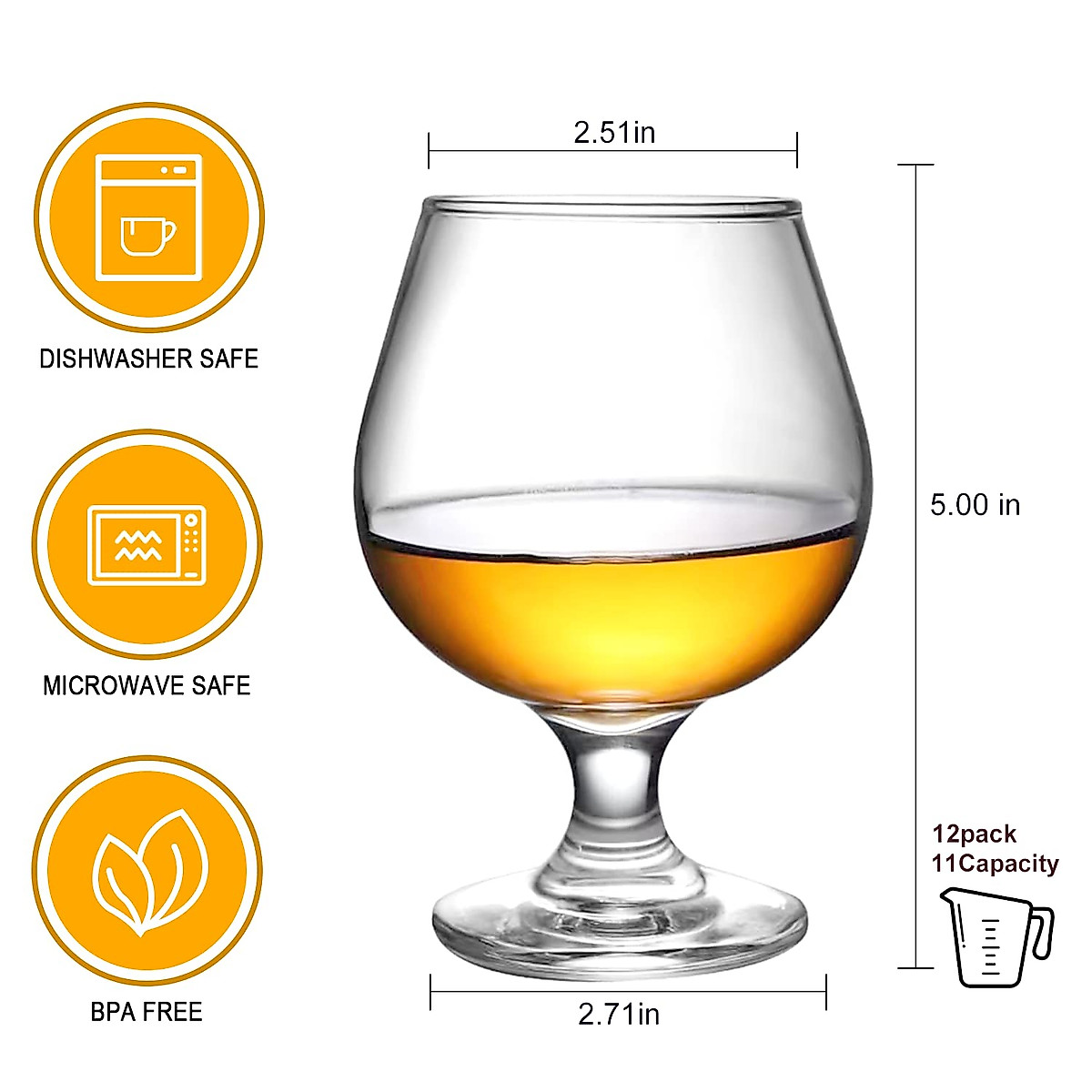 Ufrount Brandy Wine Glasses Set of 12,Clear Glass Brandy Snifter 11 OZ,Short Stemmed Cognac Glasses Drinking and Tasting Glassware for Bourbon,Scotch,Spirit