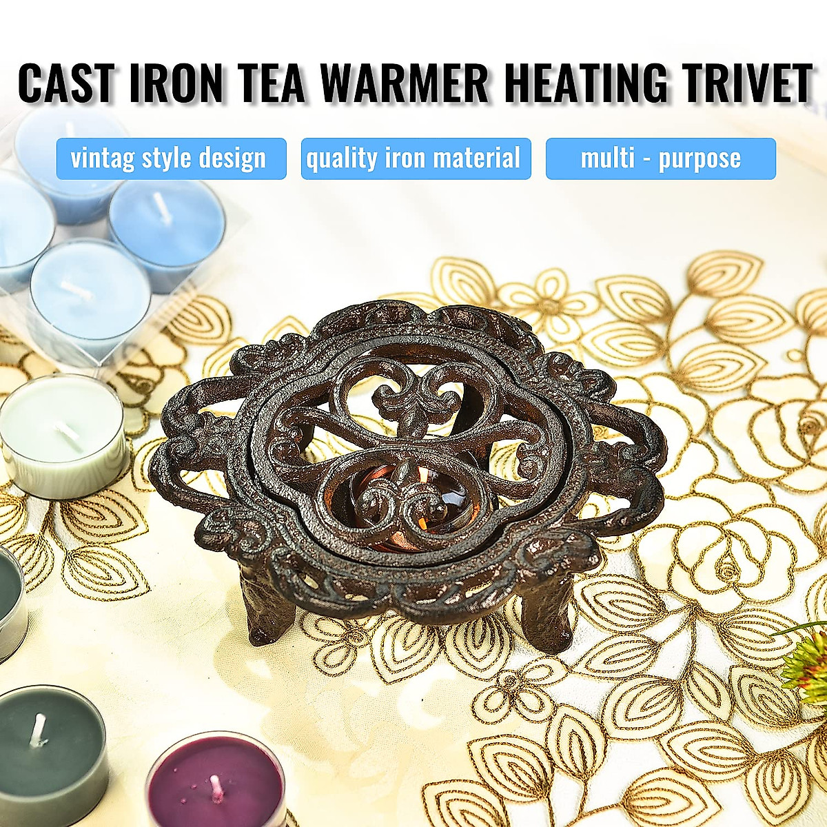 Sungmor Cast Iron Teapot Warmer Dish Cups Heater Pot Trivet - Rustic & Graceful Pattern Design with Tealight Holder - Heavy Duty & Decorative Candle Holder Stands for Heat Food Coffee Milk or Tea