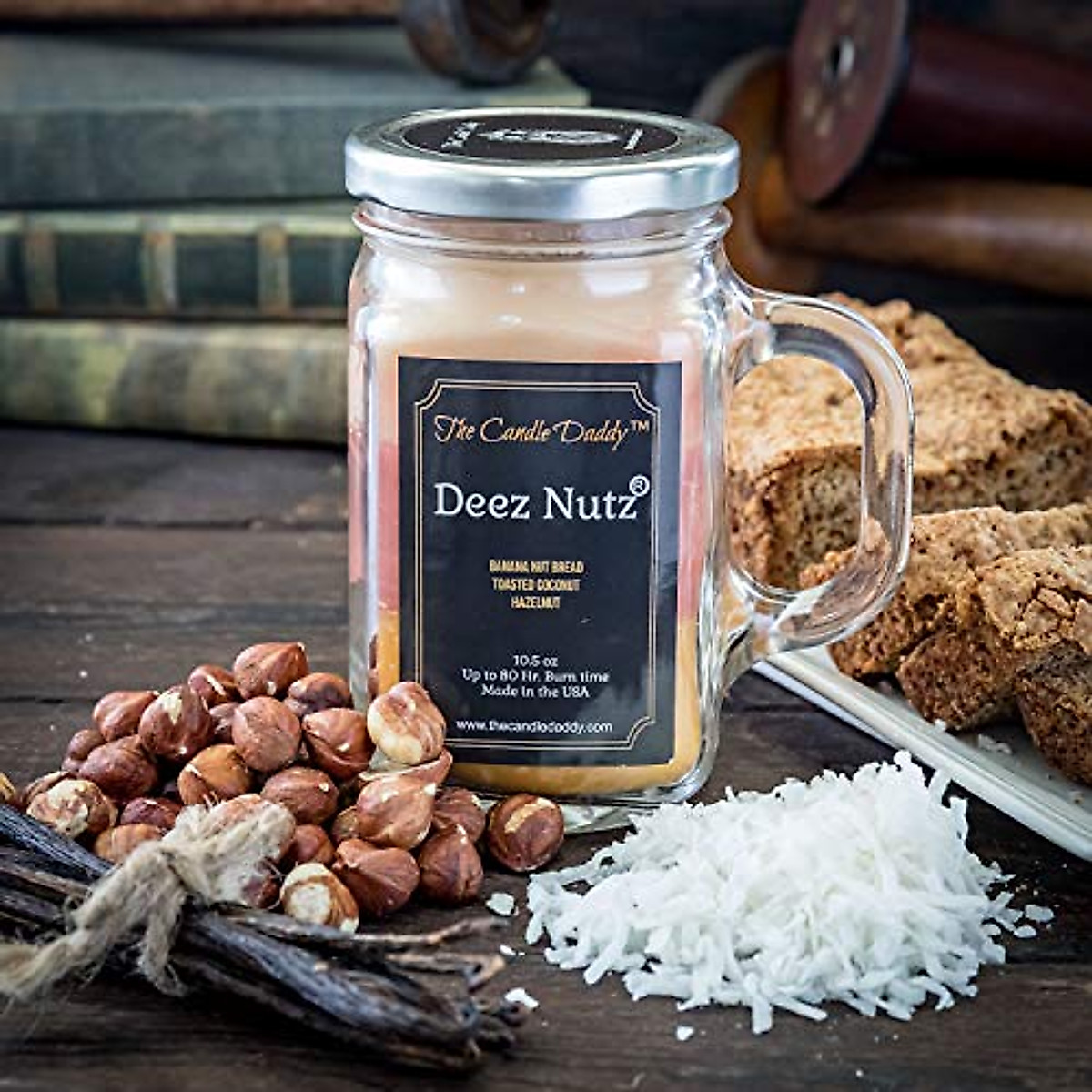 Deez Nutz Scented Candle - Banana Nut Bread, Toasted Coconut, Hazelnut Scented Triple Layer Candle - 10.5 oz Mason Jar Candle - Funny Gag Joke Candle Poured in Small Batches in USA- The Candle Daddy