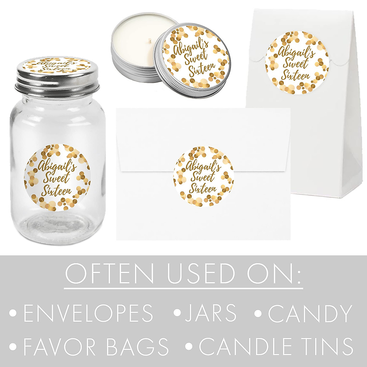 Personalized White and Gold Sweet 16 Birthday Party Favor Stickers with Name - Custom Envelope Seals, Bag Stickers - 1.75 in. Round - 40 Labels