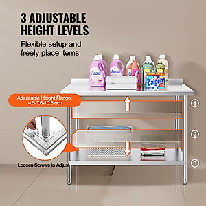 VEVOR 24 x 48 x 36 Inch Stainless Steel Work Table, Commercial Food Prep Worktable Heavy Duty Prep Worktable, Metal Work Table with Adjustable Height for Restaurant, Home and Hotel
