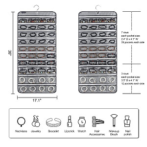 ANZORG 80 Zippered Pockets Hanging Jewelry Organizer for Holding Jewelries Dual-Sided Accessory Display Holder for Earrings Bracelets Rings (80 Zippered Pockets-Grey)