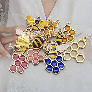 JJGQAZ 24 Pieces(12 PAIRS) Alloy Enamel Bee Charms Rhinestone Jewelry Making Bee Honeycomb Charms Pendants for Necklace Bracelet Earrings Keychain DIY Making Supplies