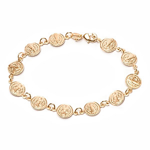Barzel 18K Gold Plated Religious Bracelet with Saint Benedict Coins, 7.5 Inches - Made In Brazil