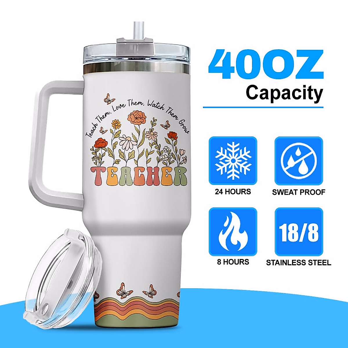 99OWL Teacher Wildflower Retro Vintage Nutrition Facts, Tumbler 40 Oz With Handle Lid And Straw, Teacher Gifts, Stainless Music Teachers Floral Gift Coffee Water Flower Cups Funny