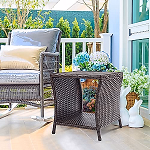 Outdoor Side Table for Patio Small Rattan Wicker Coffee Table Balcony Table Outside End Table with Poly Lumber Table Top & Storage Bistro Table for Garden Pouch Deck Living Room Backyard Brown