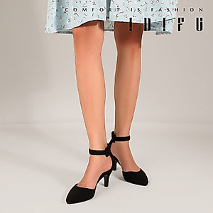 IDIFU Women's IN3 D'Orsay Pumps Low Kitten Heels for Women Dress Shoes Pointed Closed Toe Wedding Bride Ankle Strap Dressy Silver Black Nude White Gold Heels for Women (Black Nubuck, 7.5 M US)