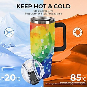 LLUTSNTH 40 Oz Vacuum Tumbler with Black Handle Leakproof Insulated Tumbler Colorful Rainbow Love Heart Stainless Steel Travel Mug with Lid And Straw Coffee Cup Cute Water Bottles Cup Holder Friendly