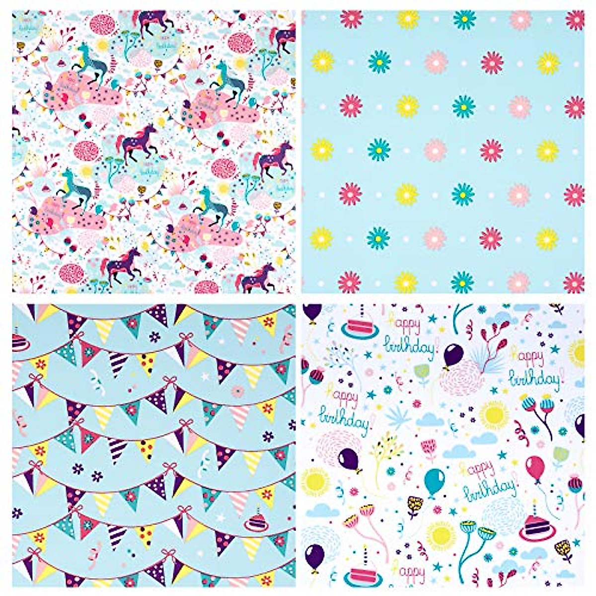 WRAPAHOLIC Birthday Wrapping Paper Roll - Unicorns and Celebration Banners Set for Party, Celebrating, Baby Shower Present Packing - 4 Rolls - 30 inch X 120 inch Per Roll