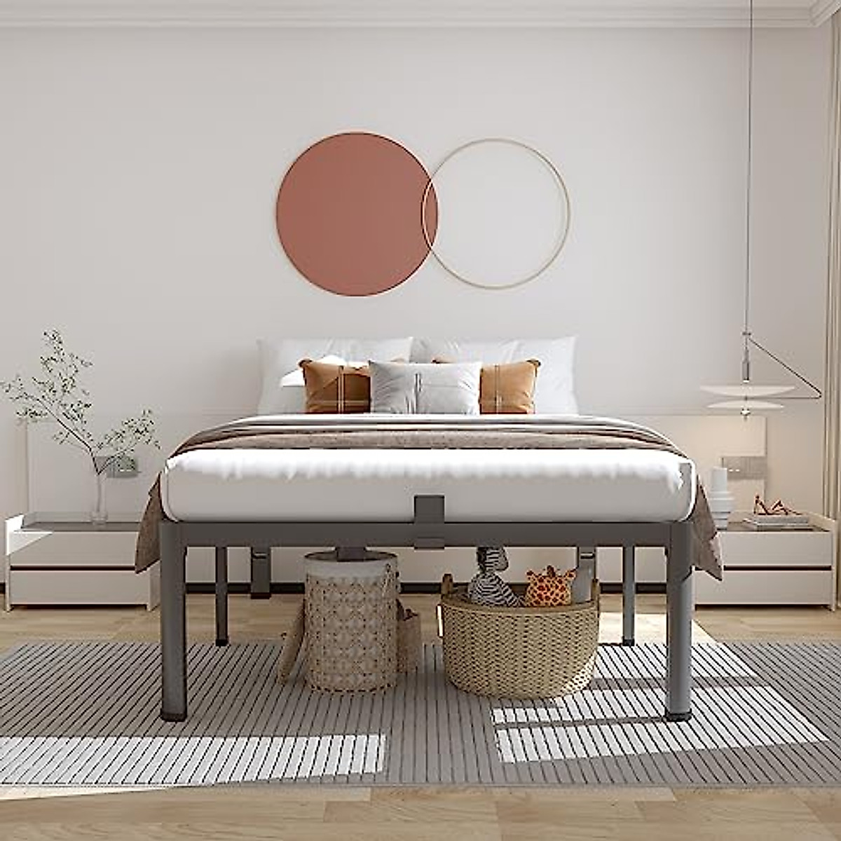 ROIL 14 inch Twin Bed Frames with Headboard Hole and Round Corner Legs Mattress Retainers 3500LBS Heavy Duty Steel Slats No Box Spring Needed Platform Noise-Free Underneath Storage Easy Assembly
