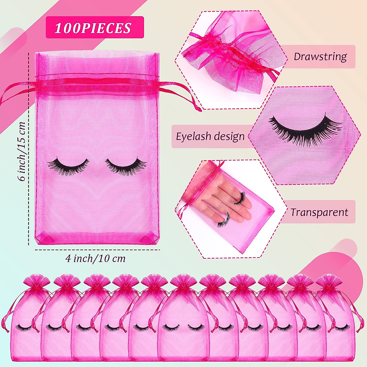 100 Pcs Eyelash Aftercare Bags 4 x 6 Inches Eye Lash Print Aftercare Makeup Bags Drawstring Cosmetic Bags Organza Beauty Bags for Women Makeup Jewelry Supplies (Pink)