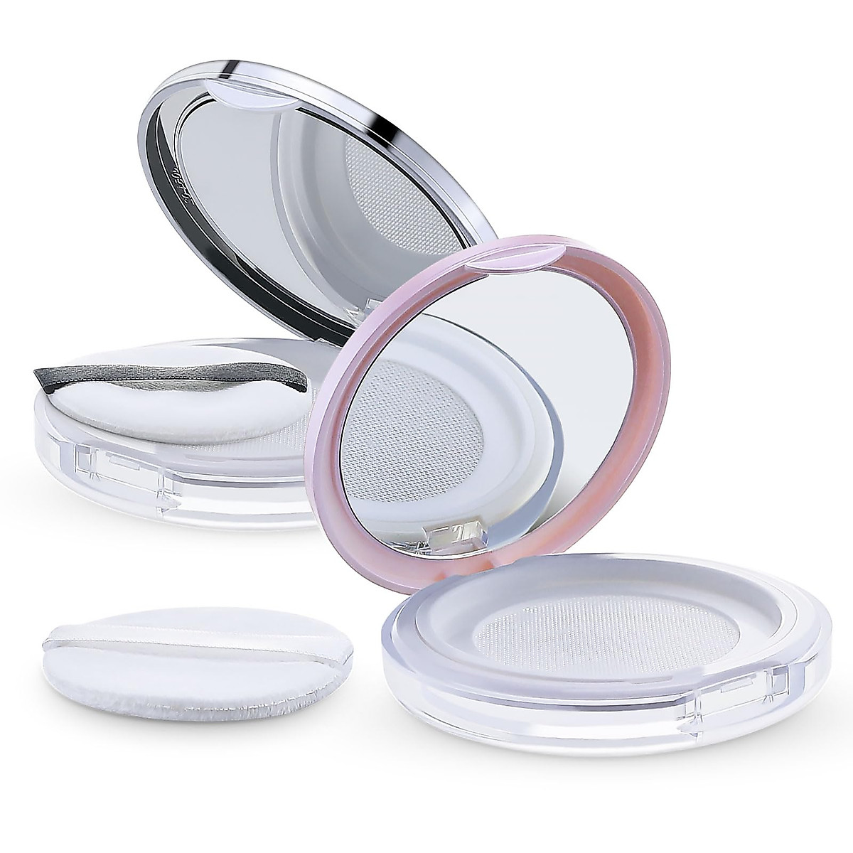 longway Loose Powder Compact Container Empty Portable Plastic DIY Makeup Powder Case, 5g Slim Powder Box with Powder Puff,Mirror and Elasticated Net Sifter (2pcs,pink+sliver)