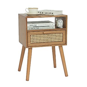 MaxSmeo Mid Century Modern Nightstand with Drawer, Small Nightstand Bedside Table, Brown Rattan Nightstand, Wood End Table for Bedroom, Living Room (Brown)