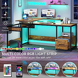 YITAHOME L Shaped Desk with Power Outlets & LED Lights, 65" Corner Computer Desk with File Drawer & Lift Top, Home Office Desk Height Adjustable Desk with Monitor Stand, Rustic Brown