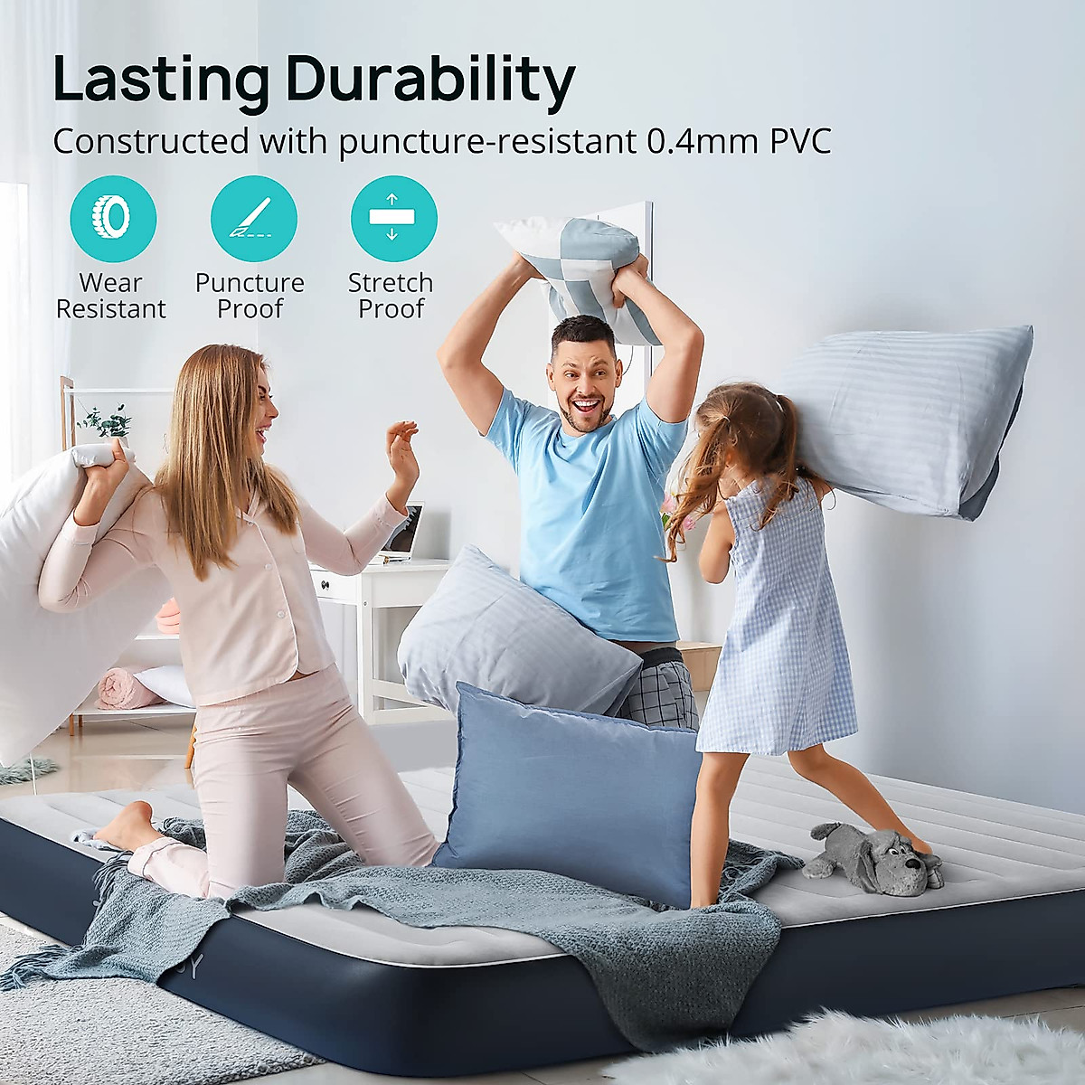 Evajoy Camping Air Mattress, Queen Inflatable Mattress Air Bed with High Speed External Electric Pump, 80''x60''x8'' Inflatable Blow Up Bed for Camping Travelling Guest,with Storage Bag