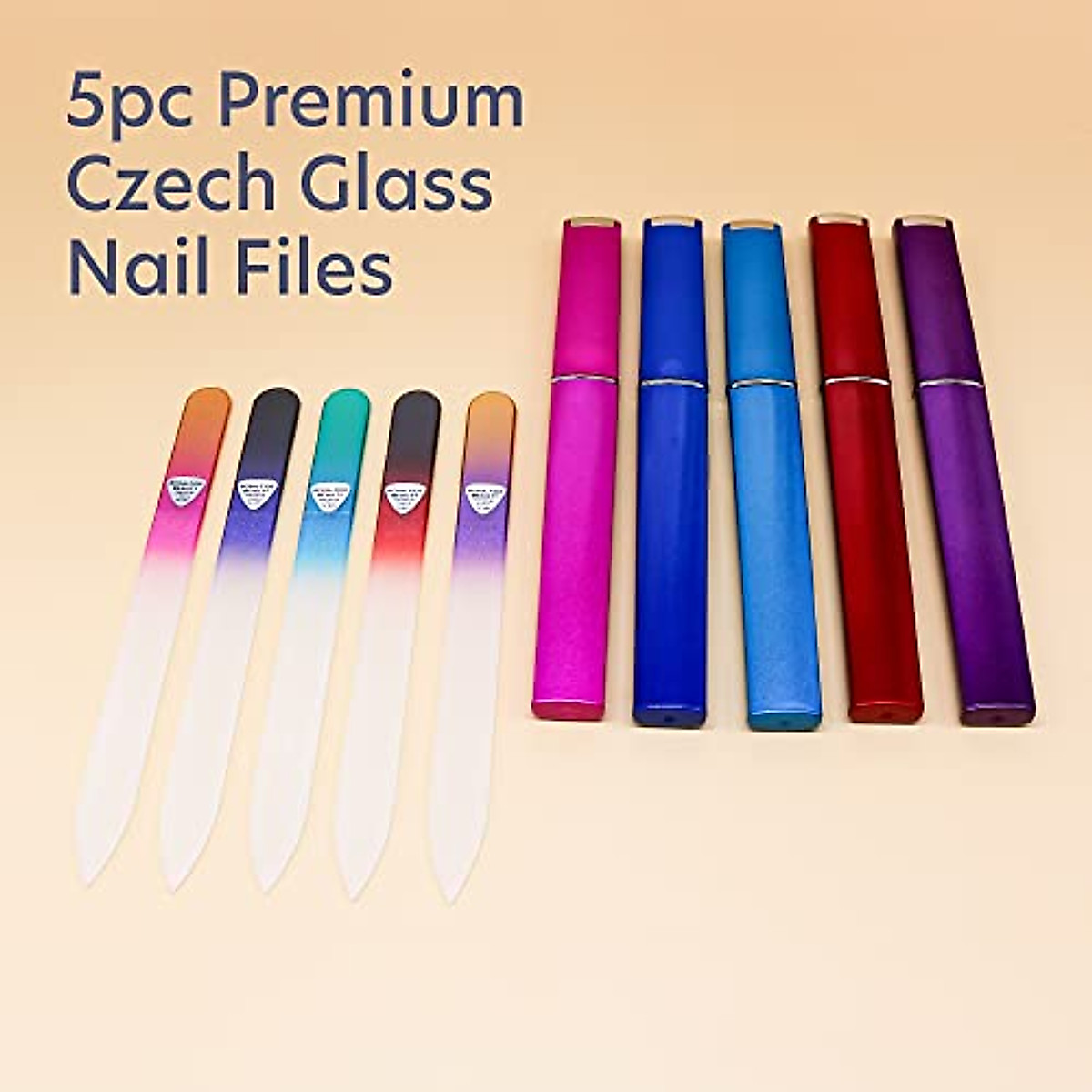 Glass Files for Nails, Luxurious Valentine Gift - Manicure Glass Fingernail Files with Cases. Trim, Shape, and Smooth with Authentic Czech Glass - 5-Piece Bona Fide Beauty Premium Czech Glass Files