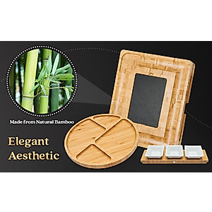 Bamboo Charcuterie Board Set of 26 Pcs - 16×13×2 Inches 4 Drawer Bamboo Board Set with Fruit Tray, Ceramic Dipping Bowls, Cutting Tools, Wine Opener, Cheese Platter Accessories (End-Grain)