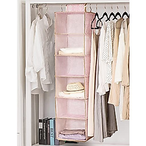 DAMAHOME Hanging Closet Organizer Storage - 6-Tier Collapsible Hanging Shelves with Sturdy Hooks, 4 Side Pockets, Foldable Sweater Organizer, For Closet/Kids/RV/ Camper/Dorm 12"W X 12"D X 48"H (Pink)