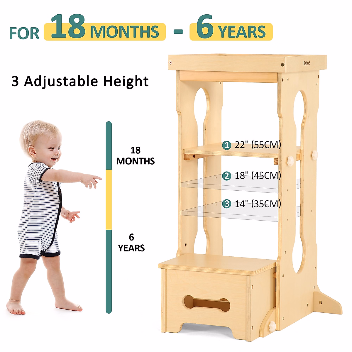 Bateso Toddler Standing Tower, Adjustable Height Toddler Kitchen Stool Helper for Kids 1-6, Toddler Kitchen Step Stool with 2 Detachable Nets, Wooden Montessori Toddler Tower for Kitchen Counter