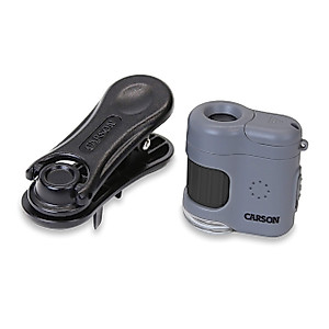 Carson MicroMini 20x LED Lighted Pocket Microscope with Built-in LED and UV Flashlight and Universal Smartphone Digiscoping Adapter Clip (MM-380)