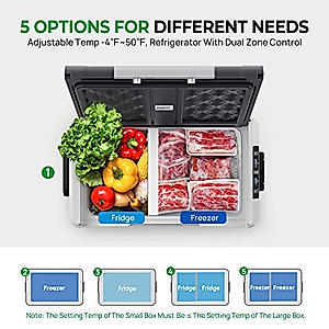 F40C4TMP 12 Volt Portable Refrigerator, 58 Quart Dual Zone Car Freezer, Independent Temperature Control -4℉ to 50℉, 55L Compressor Fridge, Camping, Travel, Trip, Vehicle, Home, 12V/24V DC & 110V AC