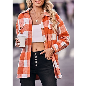 PRETTYGARDEN Women's 2024 Fall Clothes Plaid Shacket Jacket Long Sleeve Button Down Flannel Shirts Fashion Blouse (Plaid Orange White,Large)